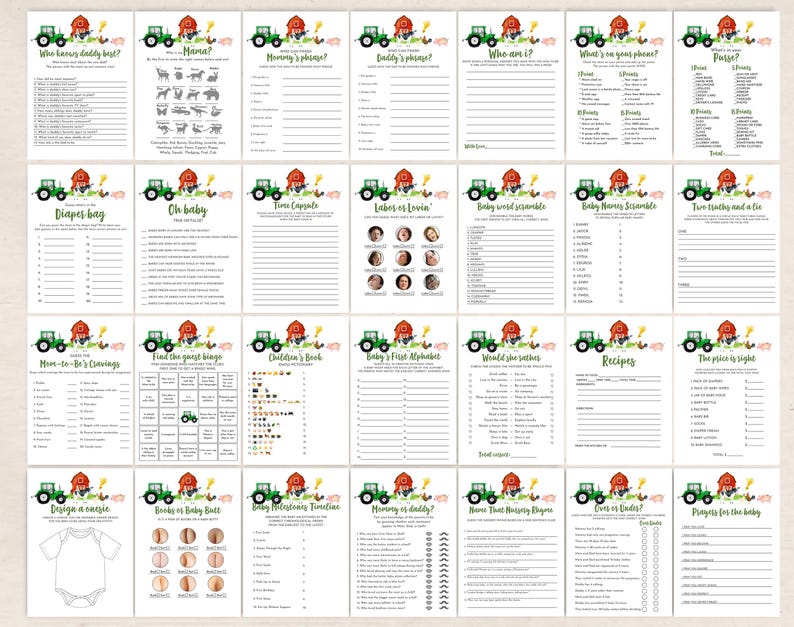 Baby Shower Game Set: Farm Tractor and Animals - Printable & Editable ...