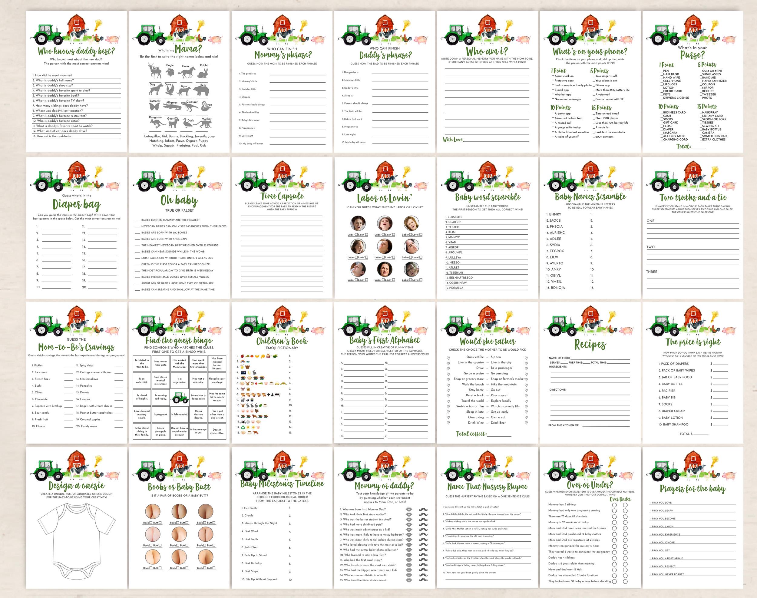 Baby Shower Game Set: Farm Tractor and Animals - Printable & Editable ...