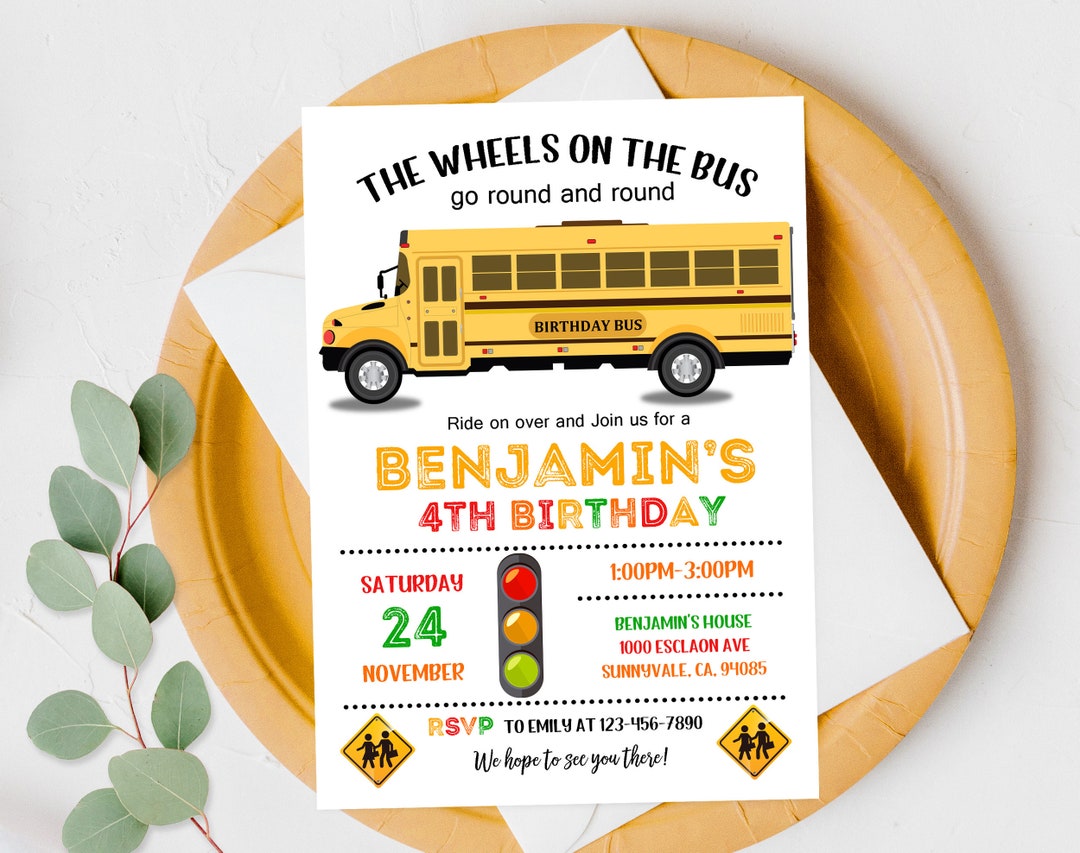 School Bus Birthday Invitation Bus Party Invite Boy Girl Yellow Fun ...