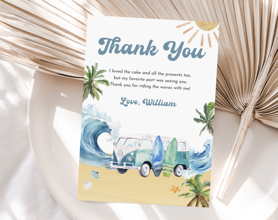 Editable Surfing Party Thank You Card the Big One Surf 1st Birthday ...