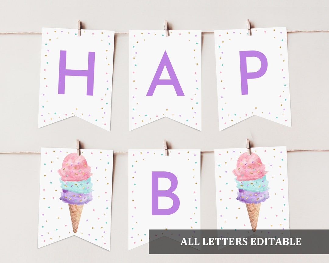 Editable Ice Cream Birthday Banner Printable Happy Birthday Banner Pink ...