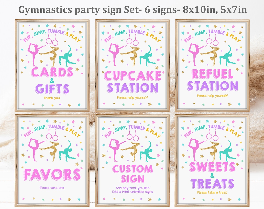 Gymnastics Party Signs: Printable Table Decor - Editable Bundle Bir326 ...
