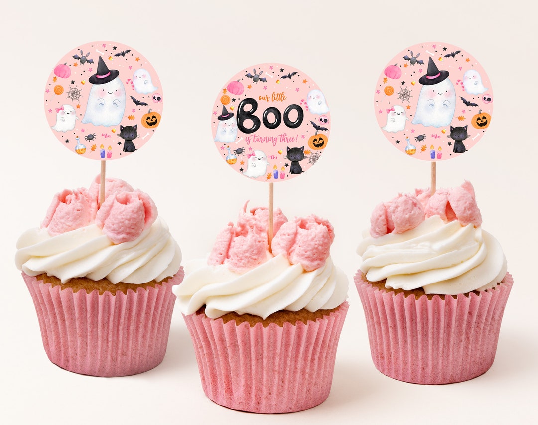 Halloween Birthday Cupcake Toppers Pink Ghost Favor Tags Label Ghost ...