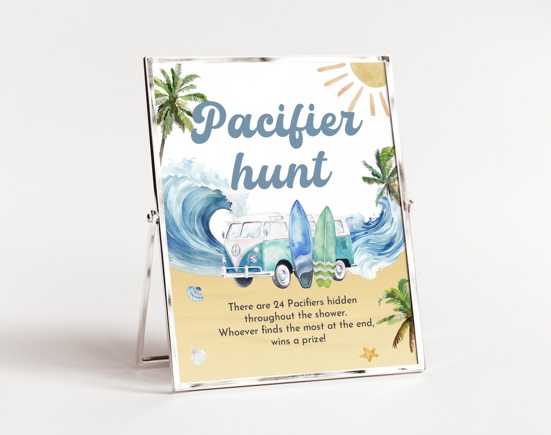 Editable Baby on Board Baby Shower Pacifier Hunt Game Surf Baby Shower ...
