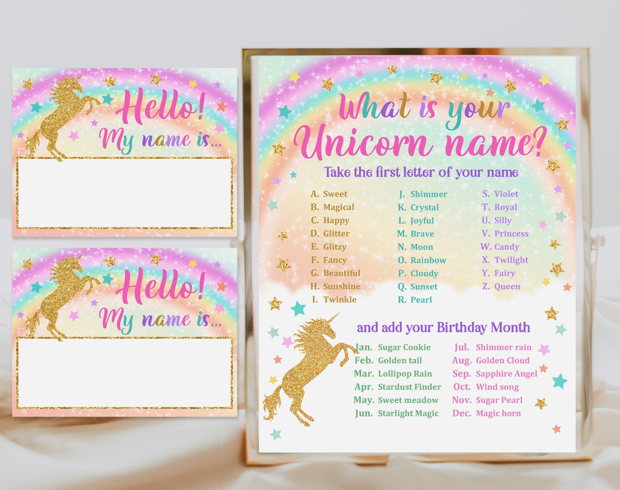 Unicorn Name Game Sign and Tags, Rainbow Gold Glitter (printable ...