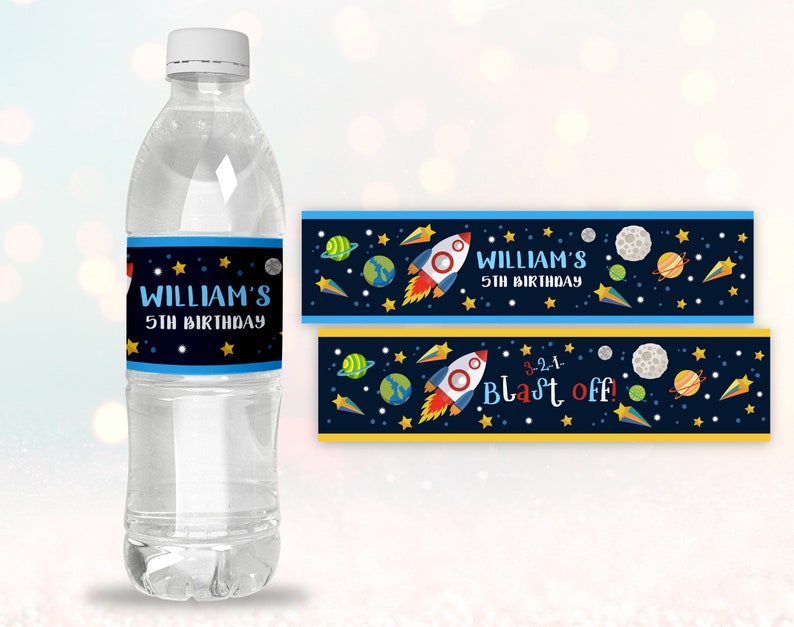 Outer Space Water Bottle Label Sticker Rocket Birthday Favor | Etsy