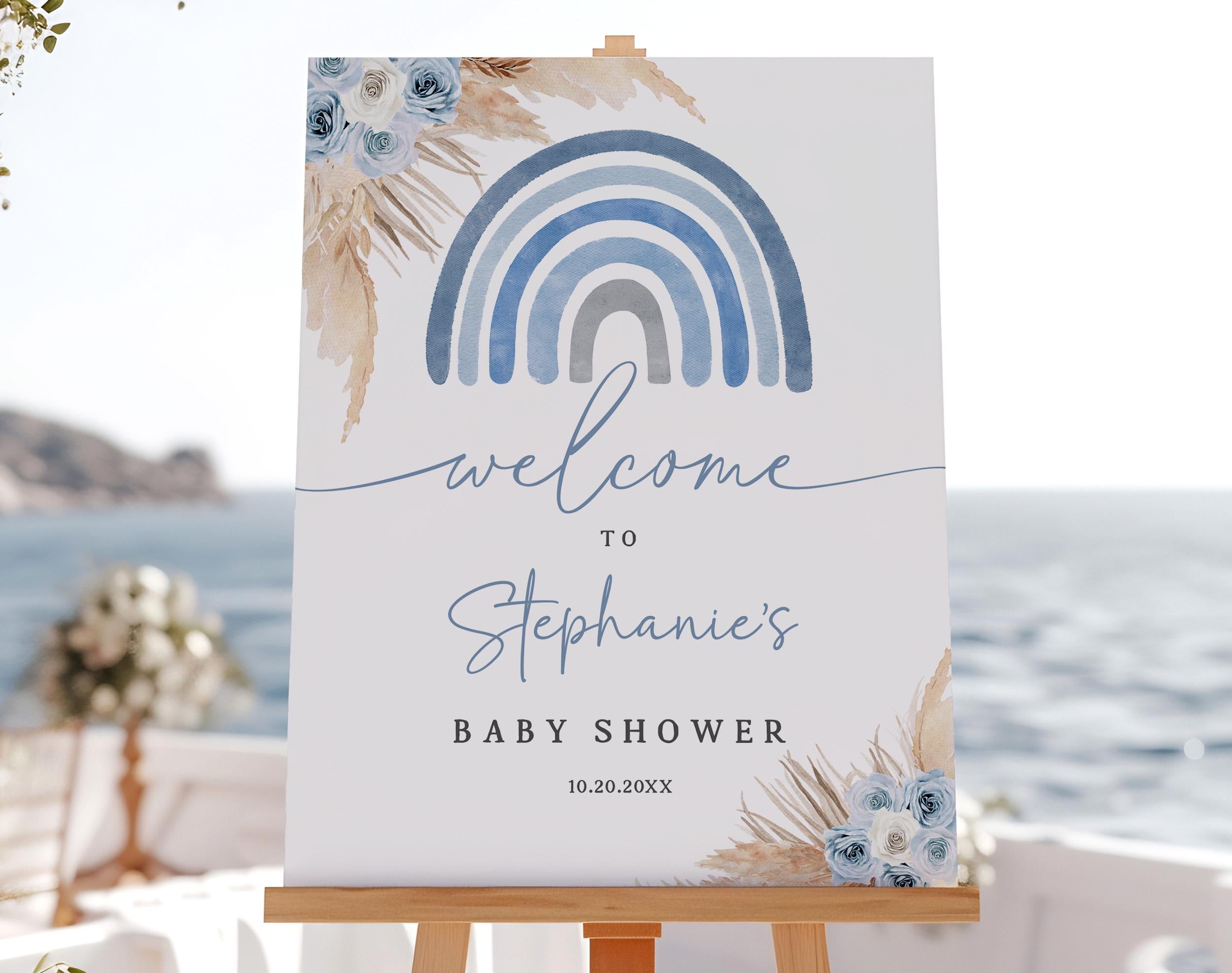 Rainbow Welcome Poster: Boho Baby Shower Decor (muted Blue, Editable ...