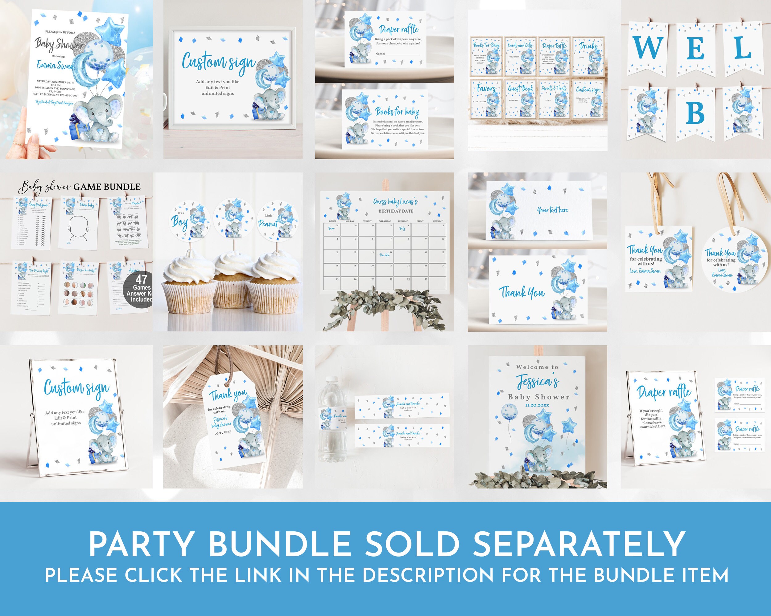 Baby Shower Invitation: Elephant Theme With Blue Balloon (silver ...