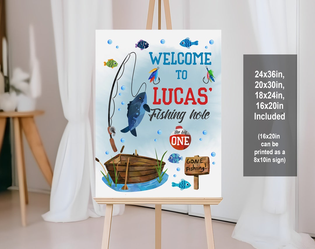 Fishing Welcome Sign: Editable Birthday Poster - Blue and Red Design ...