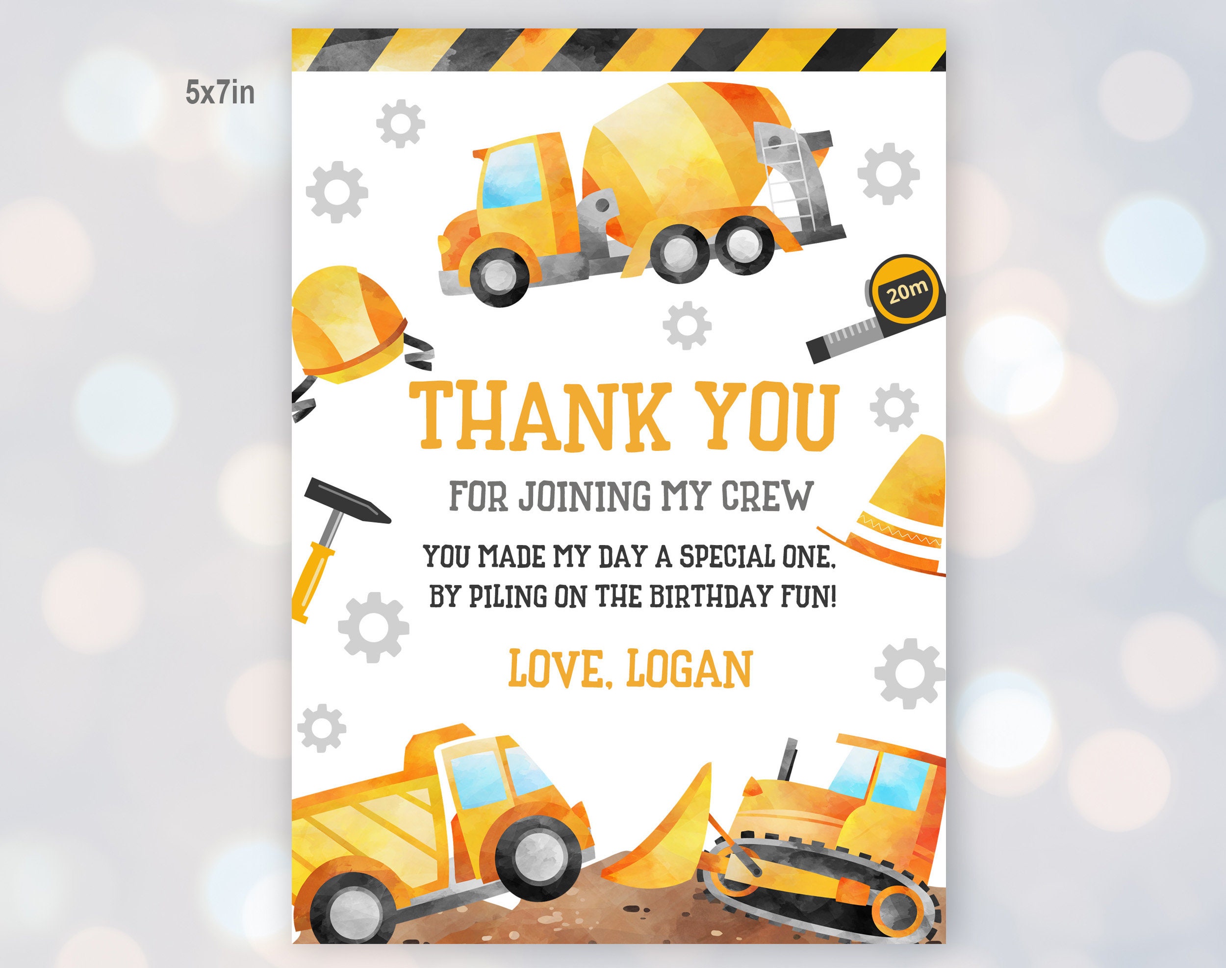 Construction Thank You Card 5x7in, 4x6in Included Birthday Thank You ...