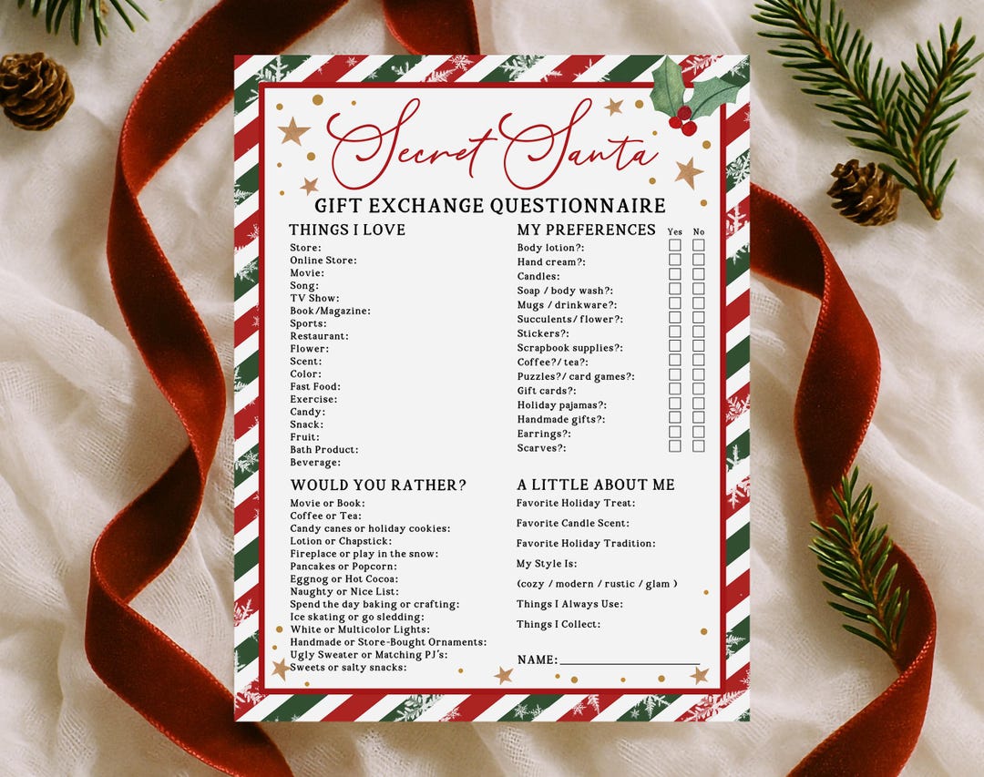 Secret Santa Survey: Printable Holiday Gift Exchange - Editable ...
