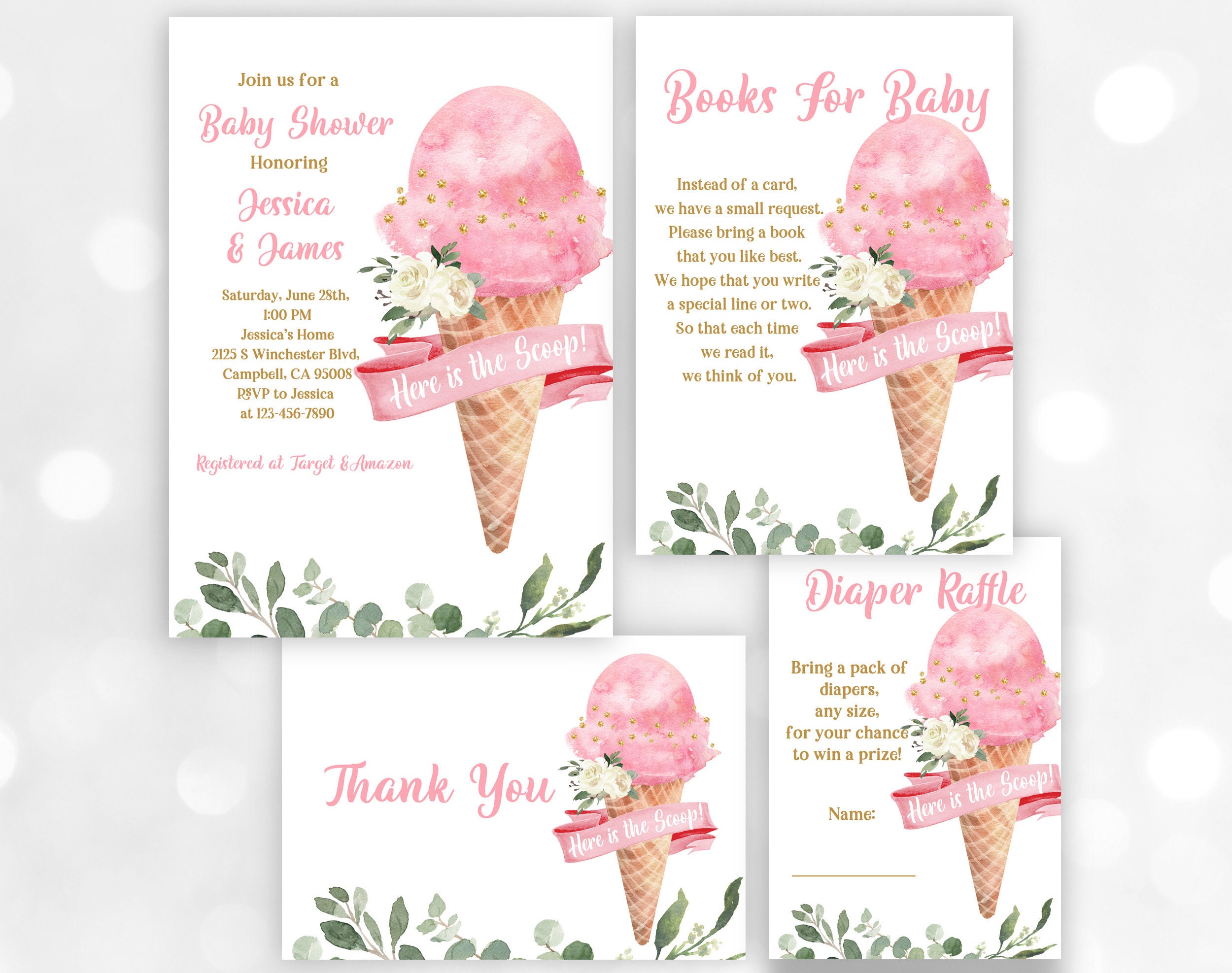 Ice Cream Baby Shower Invitation Set Girl Baby Shower - Etsy