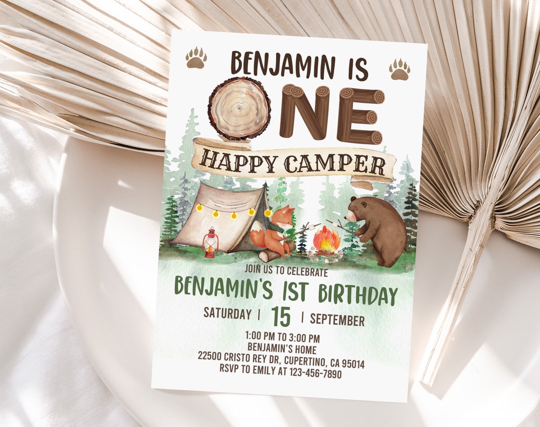 One Happy Camper Invitation Camping Birthday Invite Camper Party First Birthday 1st Camping Bear ...