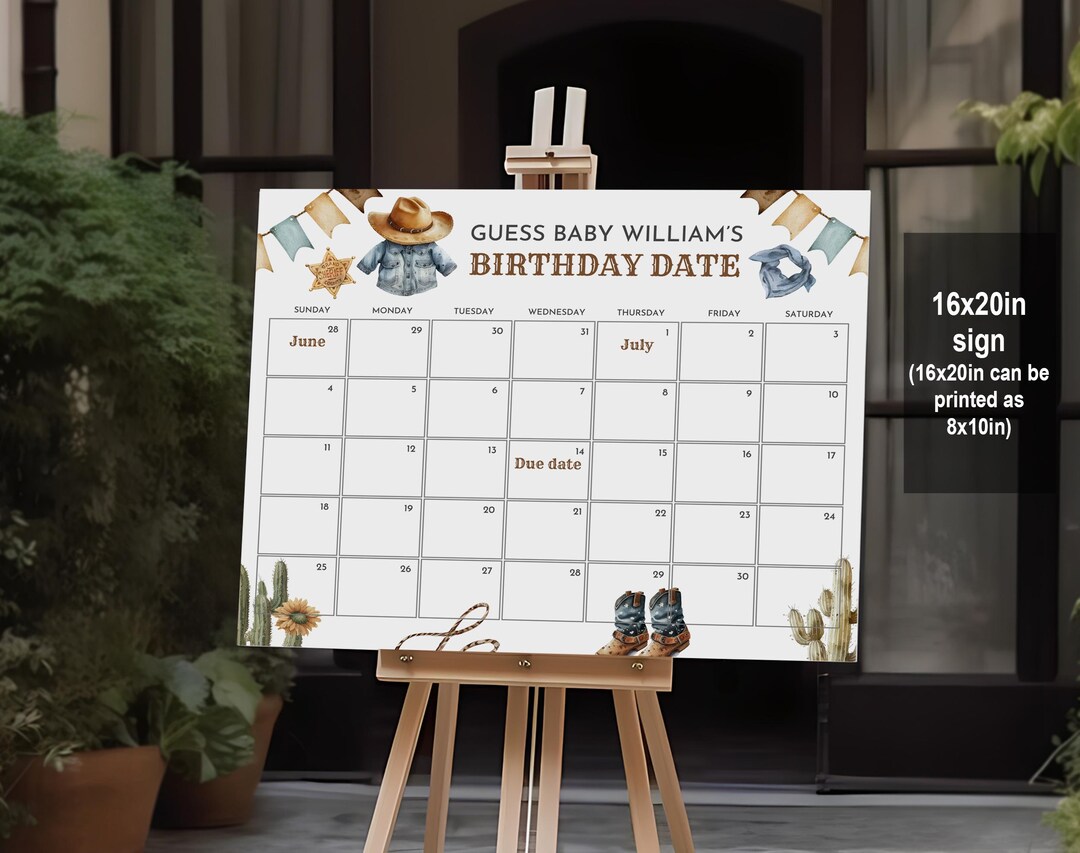 Baby Shower Game: Little Cowboy Due Date Calendar (printable Editable ...