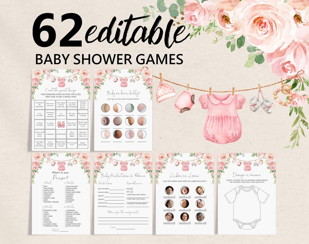 Girl Baby Shower Game Set - Pink Floral Clothesline Editable Printable ...