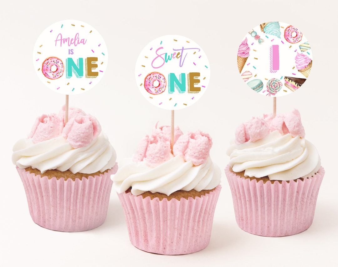 Sweet One Cupcake Toppers, Pastel Candy and Donut (editable PDF Bir360 ...