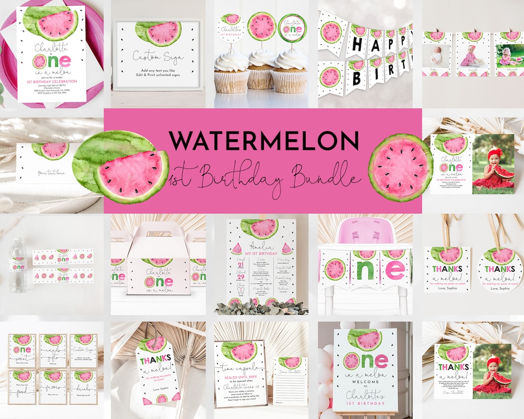 Editable One in a Melon 1st Birthday Invitation Bundle Printable ...