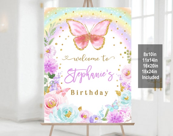Butterfly Birthday Welcome Sign Purple Pink Floral Rainbow - Etsy