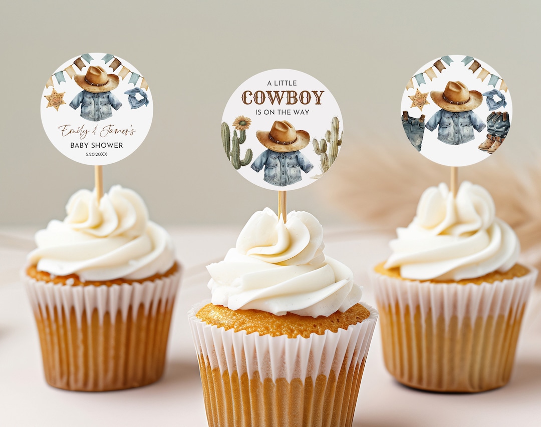 Little Cowboy Baby Shower Cupcake Toppers Wild West Party Decor Western ...