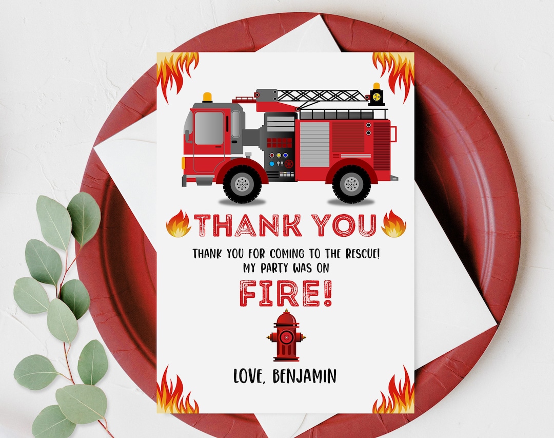 Editable Firetruck Birthday Thank You Card Firefighter Fireman Thank ...