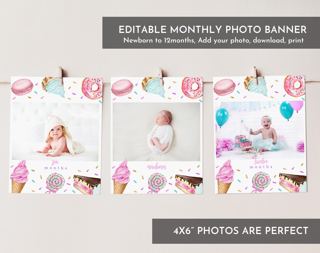 Editable Sweet One Monthly Photo Banner Pink Girl Sweet Party 1st ...