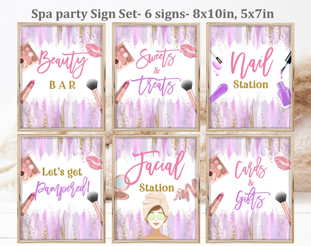 Spa Birthday Party Table Sign Set, Makeup and Glam (editable Printable ...