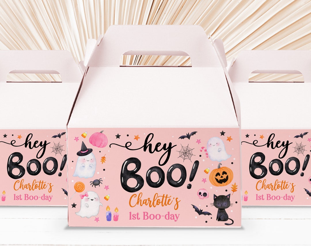 Editable Pink Halloween Gable Box Favor Label Halloween Ghost Gift Box ...