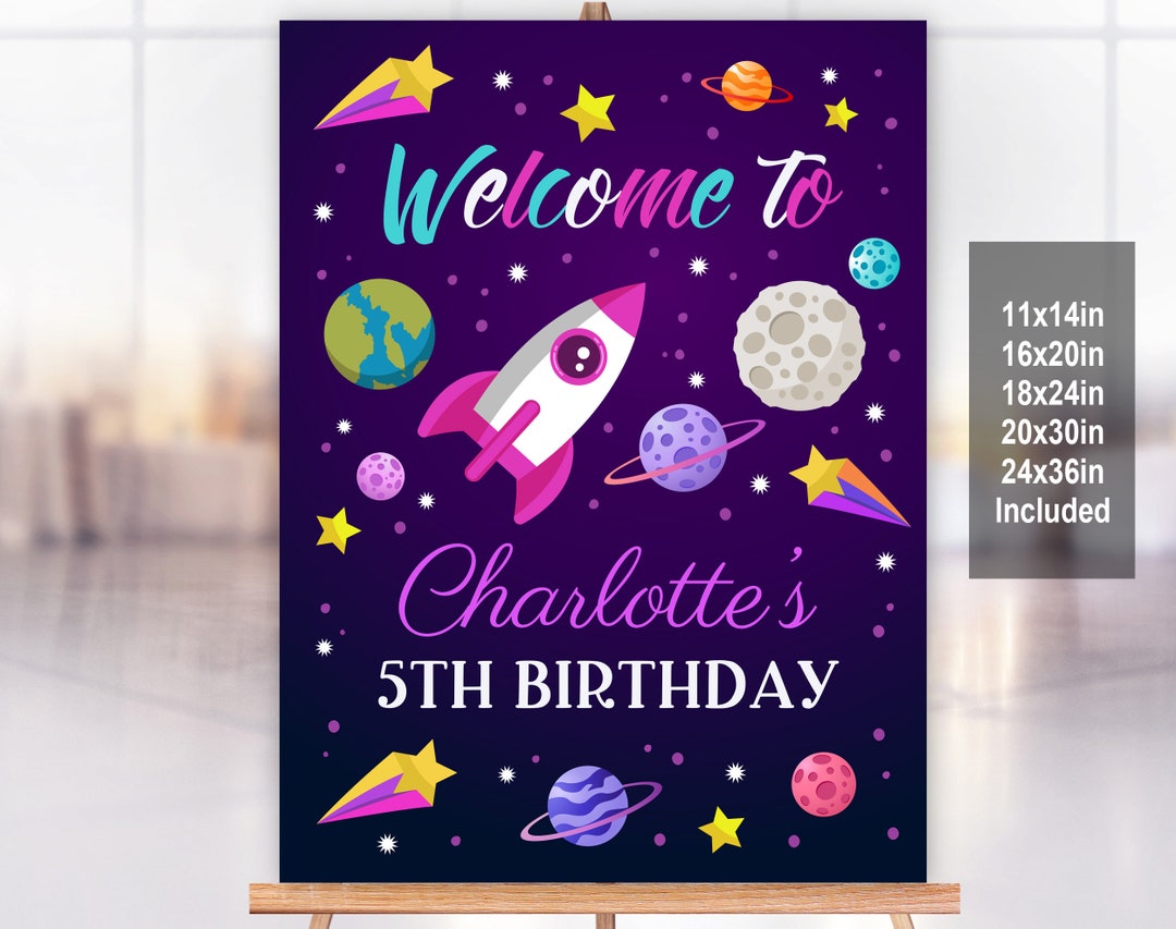 Outer Space Welcome Sign Set Astronaut Poster Girl Purple Galaxy Party ...
