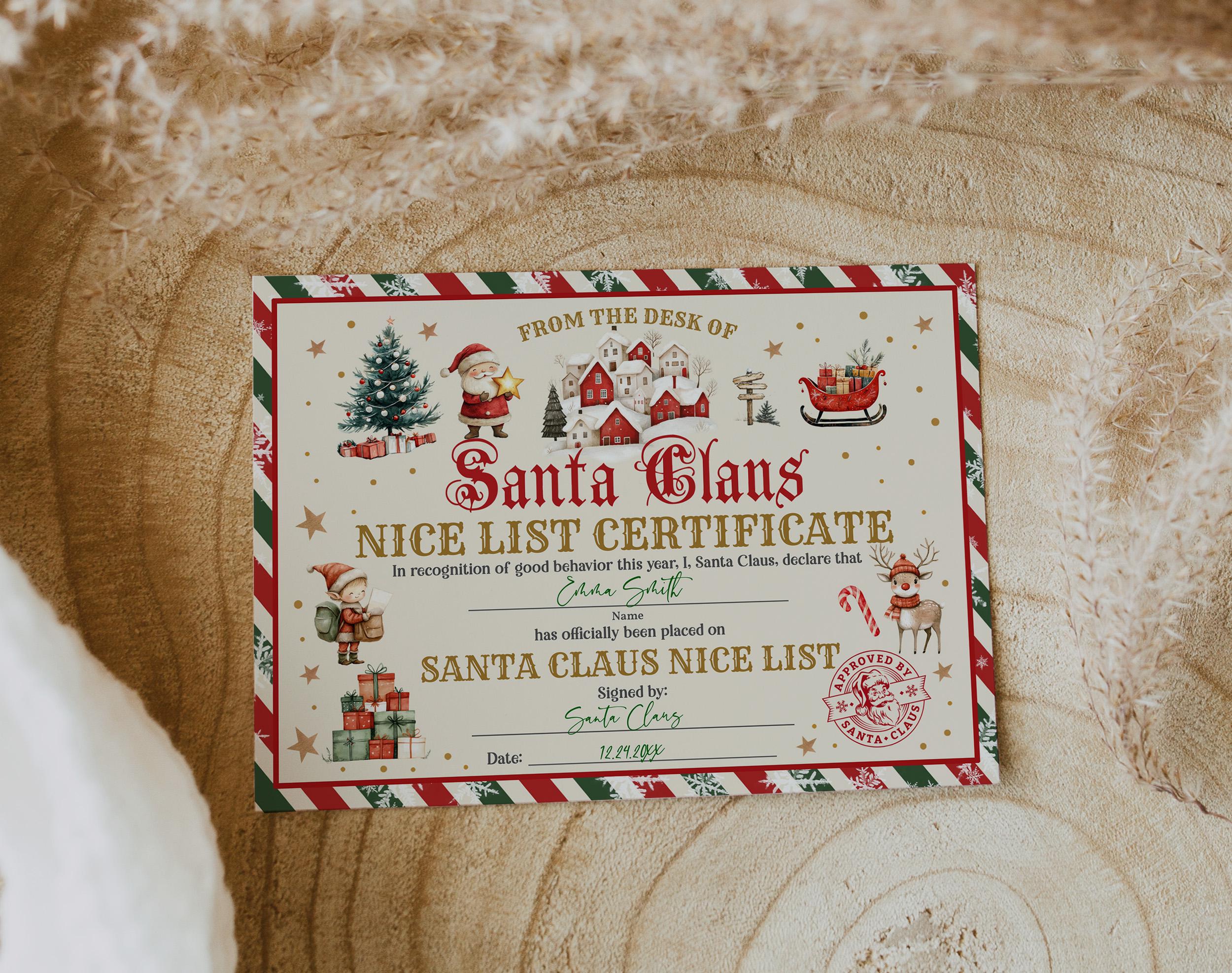Christmas Nice List Certificate - Printable Santa Letter for Kids Chc4 ...