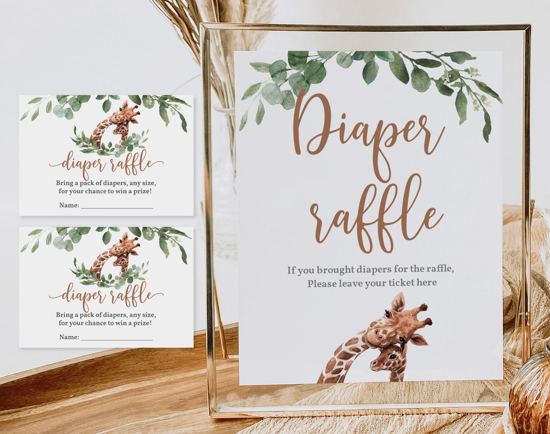 Giraffe Baby Shower Diaper Raffle Sign Ticket Safari Animals Diaper ...