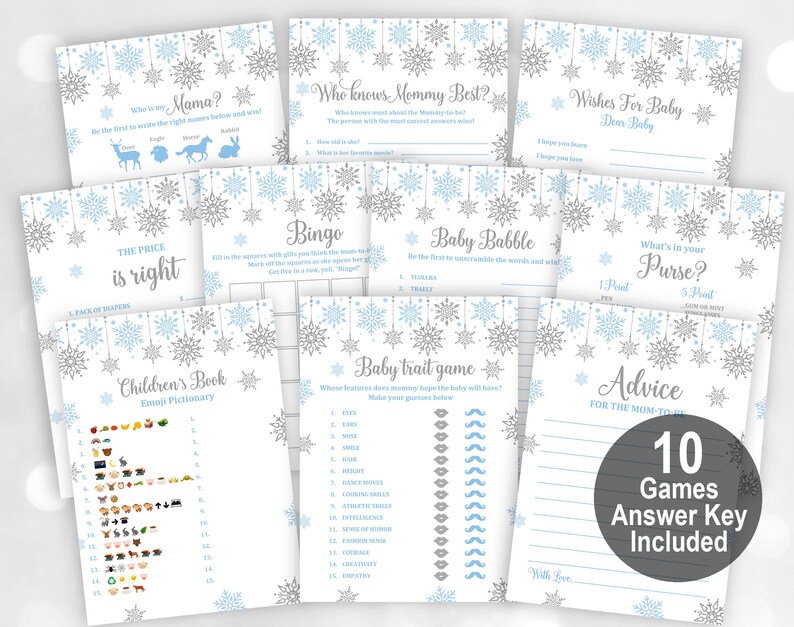 Blue Snowflake Baby Shower Game Bundle Set Winter Silver | Etsy