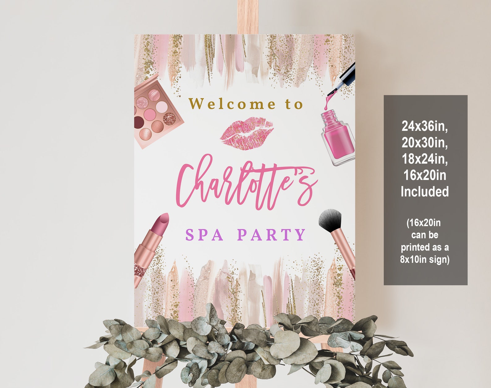 Spa Party Welcome Sign - Editable Pink and Gold Makeup Birthday Poster ...