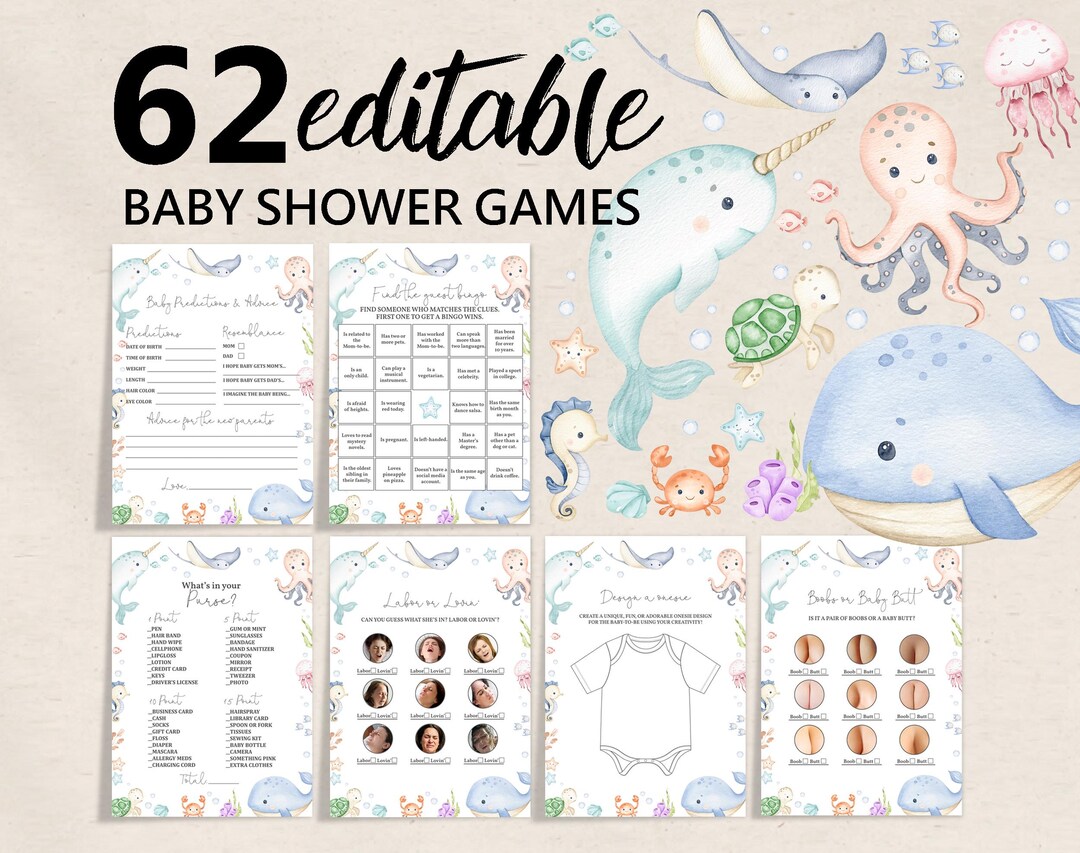 Baby Shower Games Bundle: Under the Sea Theme - 62 Editable Printables ...