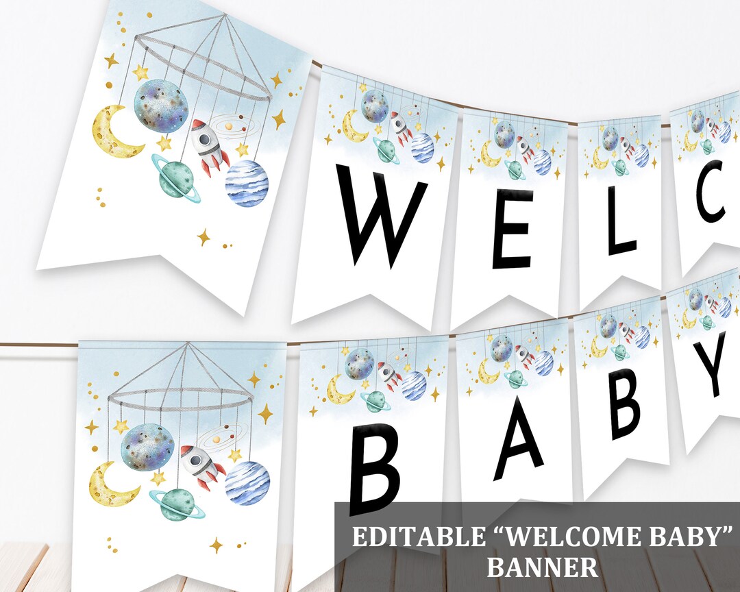 Welcome Baby Banner Outer Space Baby Shower Banner Boy Galaxy Planets ...