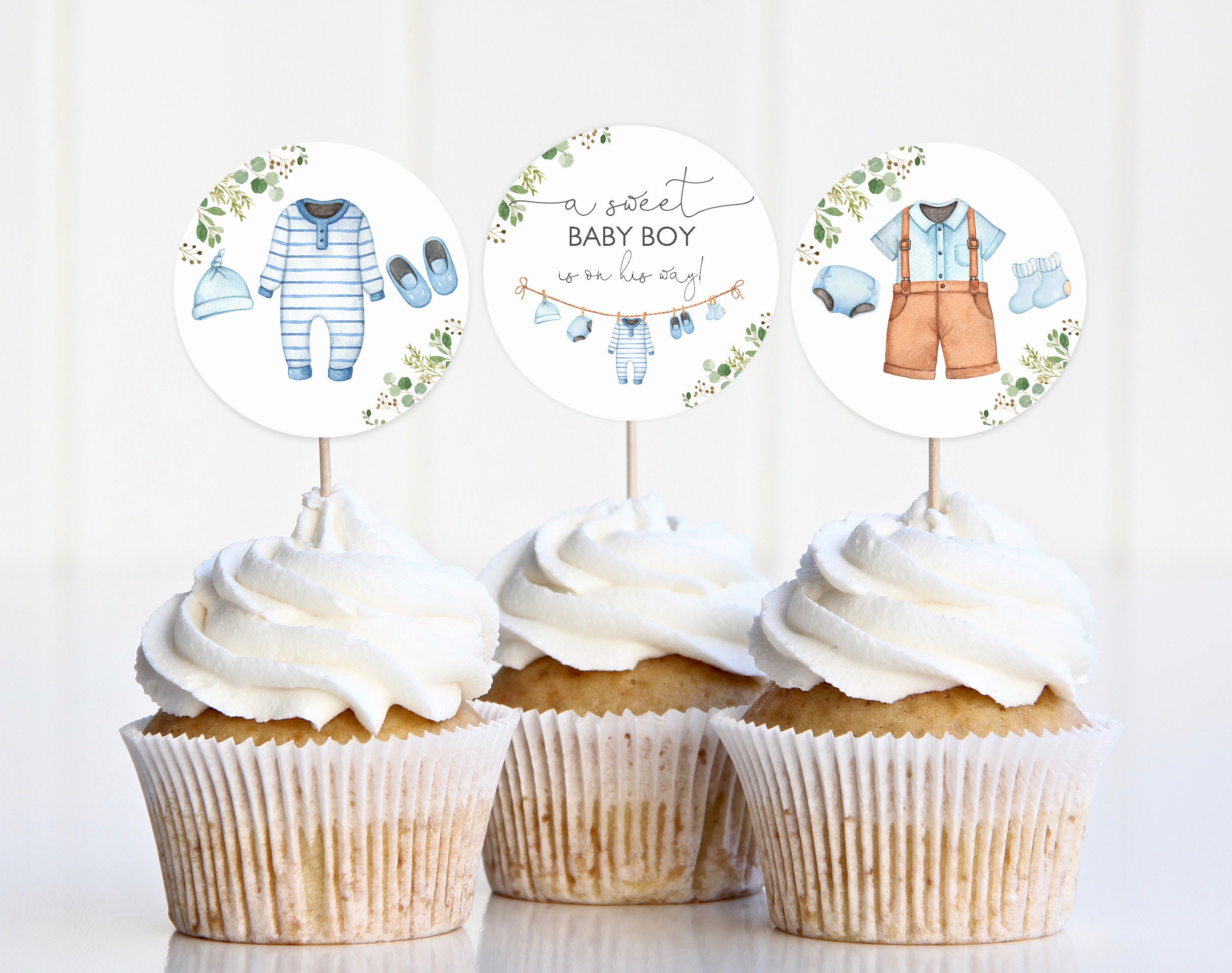 Boho Baby Clothes Cupcake Toppers, Blue Greenery (editable Printable ...