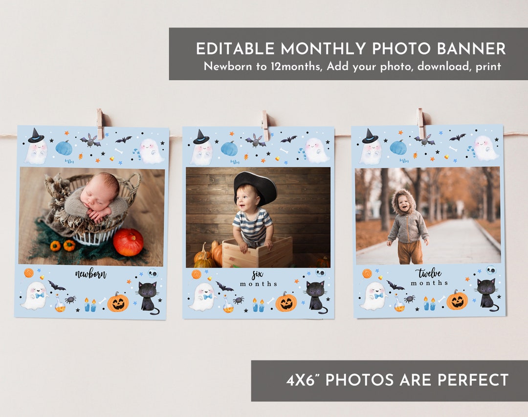 Editable Blue Halloween Ghost Monthly Banner Boy Ghost Spooky One ...