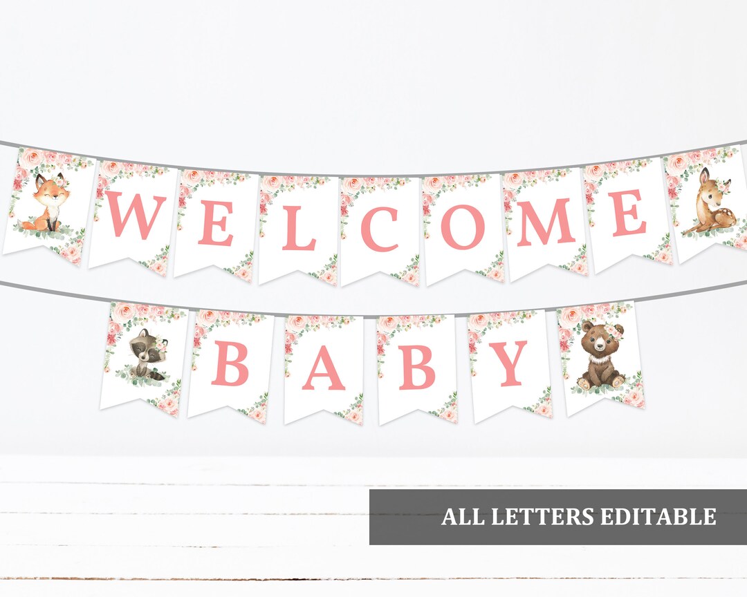 Woodland Animals Banner Woodland Animals Baby Girl Blush Pink Floral ...
