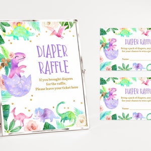 Girl Dinosaur Diaper Raffle Sign and Ticket Template Dinosaur Baby ...
