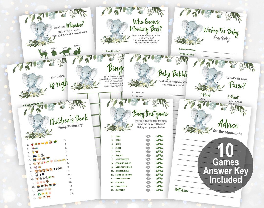 Elephant Baby Shower Game Set Greenery Elephant Game Bundle 10 Games ...