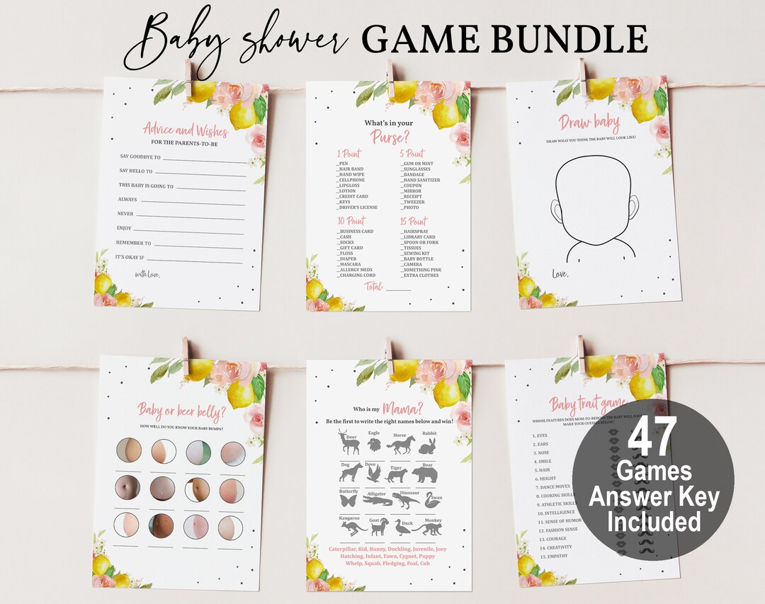 Editable Lemon Baby Shower Game Bundle Pink Lemonade Games Pink Floral ...