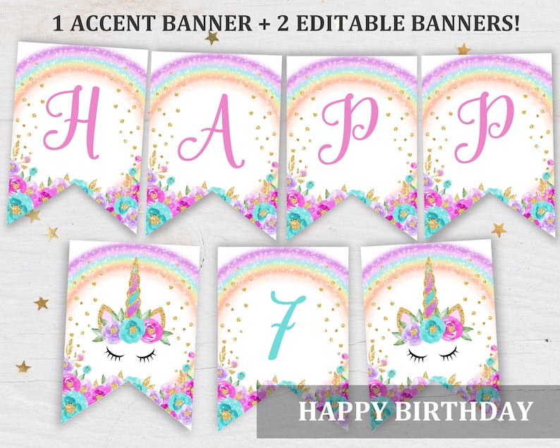 Rainbow Unicorn Birthday Banner: Editable Printable Party Decor Bir ...