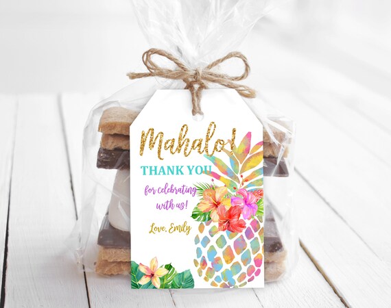 Pineapple Aloha Birthday Thank You Tags Mahalo Favor Tag Etsy