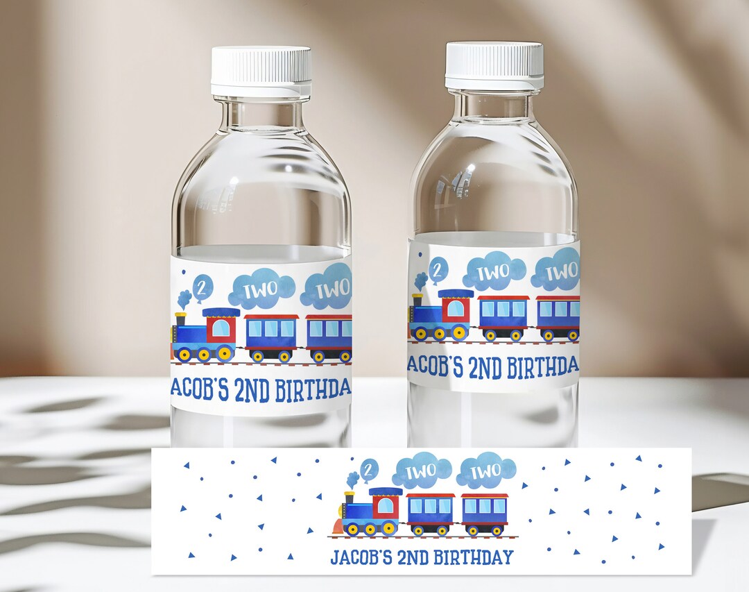 Train Birthday Water Bottle Label Train Party Water Wrapper Blue Train ...