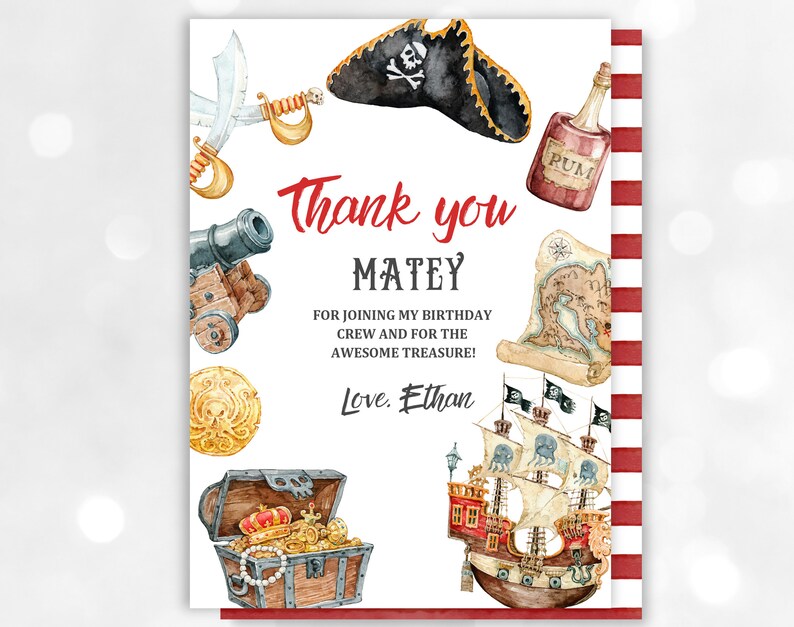 Pirate Thank You Card/ Pirate Birthday Thank You Card/ - Etsy