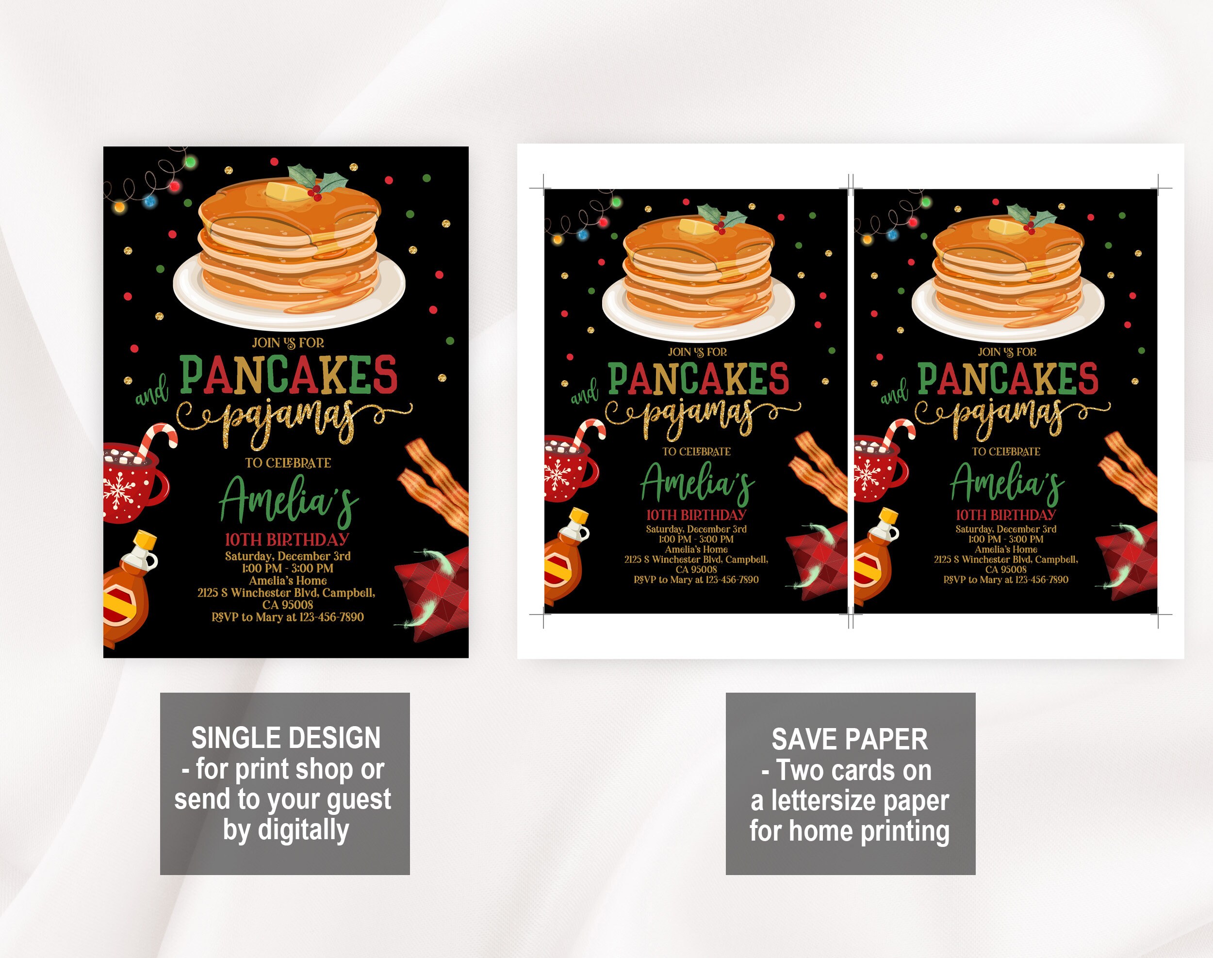 Holiday Pancake & Pajama Party Invitation - Editable Birthday Invite ...