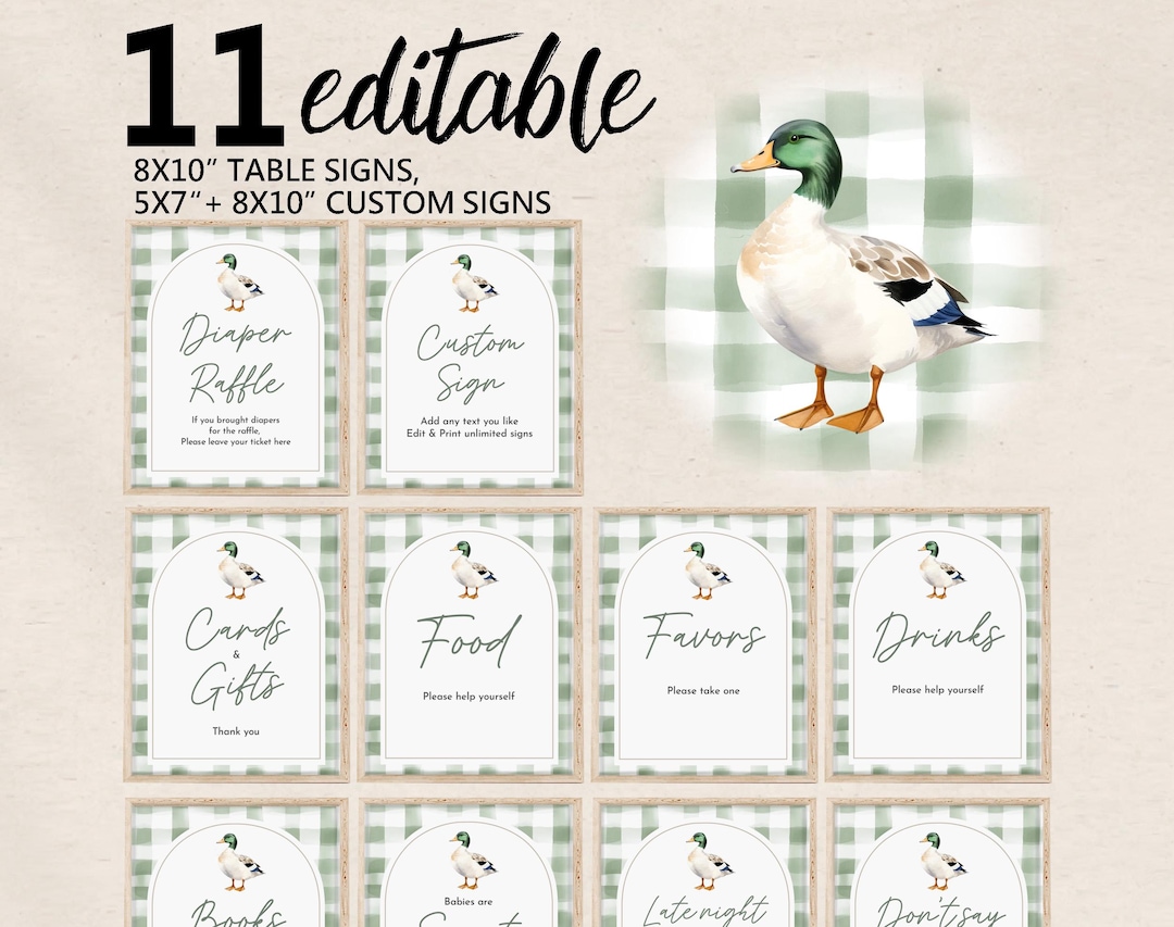 Baby Shower Table Signs: Mallard Duck Theme - Green Plaid Printable - Etsy
