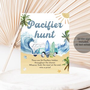 Editable Baby on Board Baby Shower Pacifier Hunt Game Surf Baby Shower ...