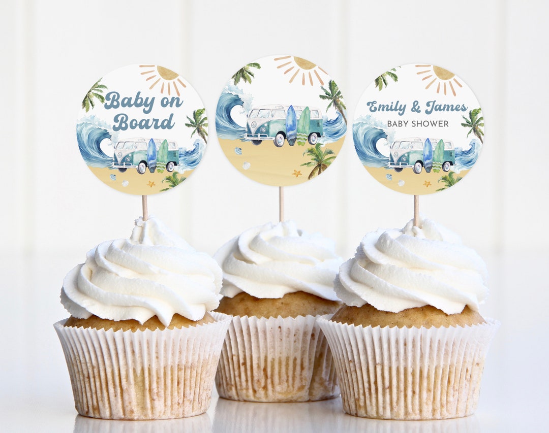 Editable Baby on Board Surfing Beach Baby Shower Birthday Cupcake ...