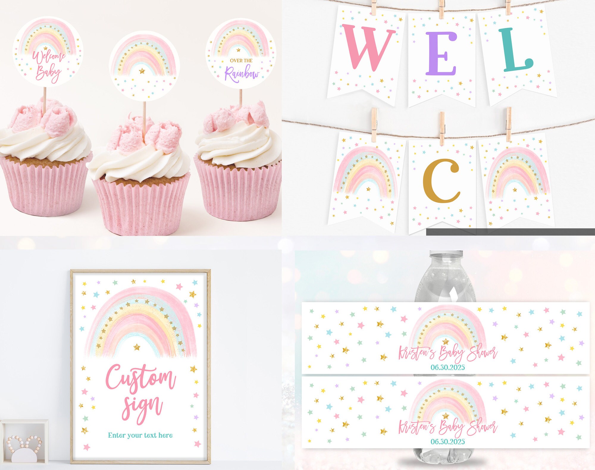 Editable Pastel Rainbow Baby Shower Invitation Bundle Girl - Etsy