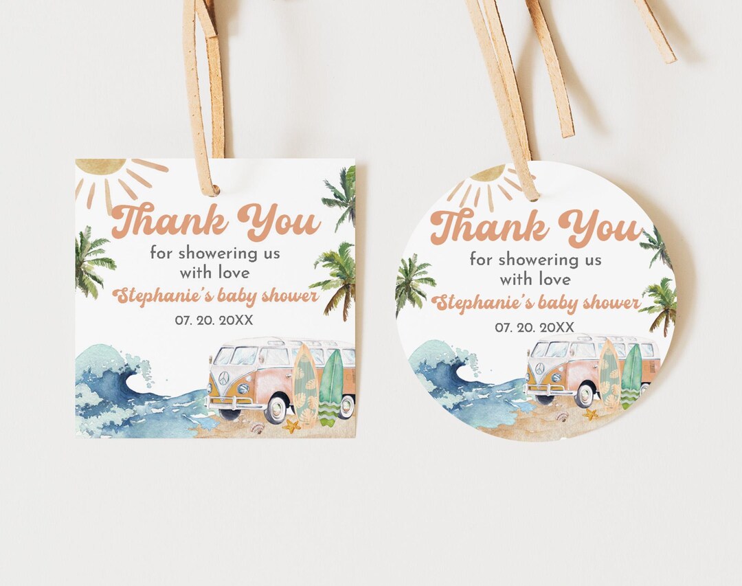 Ocean & Surf Thank You Gift Tag Template Editable Beach Baby Shower ...